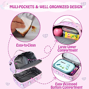 Lunch Bag for Kids, Insulated Lunch Box Cute Thermal Lunch Tote Bag with Dual Compartment and Removable Shoulder Strap, VONXURY (Pink Unicorn 2)