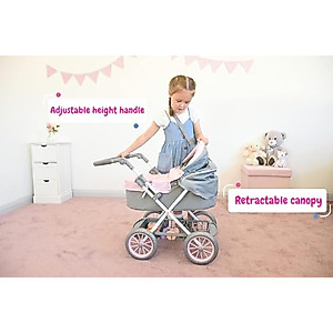 KOOKAMUNGA KIDS Baby Doll Stroller - Foldable Baby Stroller for Dolls - Play Stroller & Bassinet w/Retractable Canopy - Diaper Bag - Adjustable Soft Grip Handle - Ideal for 16” 18” & 20” Dolls
