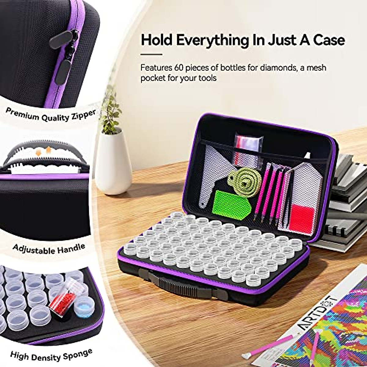 ARTDOT Diamond Painting Storage Containers, 60 Slots Diamond Painting Accessories Shockproof Jars for Jewelry Beads Rings Charms Glitter Rhinestones