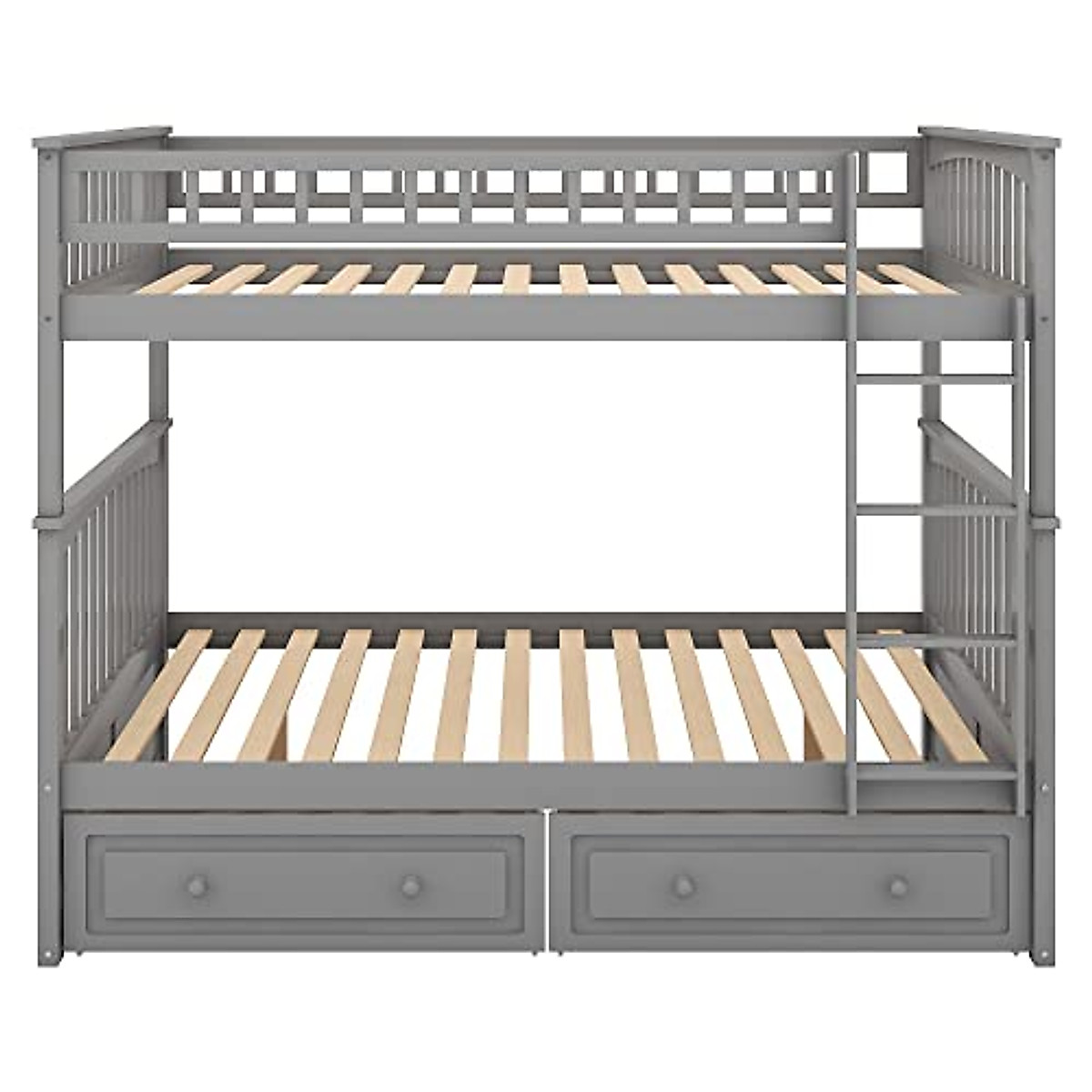 Full Over Full Bunk Bed with 2 Storage Drawers, Wooden Bunk Bed Frame with Guardrails and Ladders for Kids Teens Adults, Can be Convertible into 2 Beds (Bunk Beds Full Over Full, Gray)