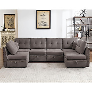 Centilab Modular Sectional Sofa, Convertible U Shaped Sofa Couch with Storage, Memory Foam, Vintage Copper Nail Modular Sectionals with Ottomans 6 Seat Sofa Couch with Chaise for Living Room Grey