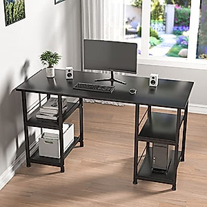 Jerry & Maggie - Computer Desk Office Desk W 2 Side 2 Tiers Shelves Sturdy Surface Laptop Desk Professional Desk Modern Plain Personal Workstation Rectangle Shape Steel Legs Livingroom Bedroom - Black