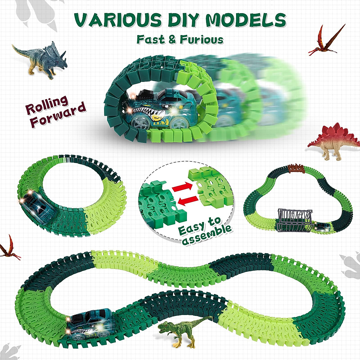 236 PCS Dinosaur Toys Race Track, Create a Dinosaur World Road,Flexible 360° Train Tracks Playset with Turntable Playset, Christmas Birthday Gifts for 3 4 5 6 7 Years Old Boys Girls Kids