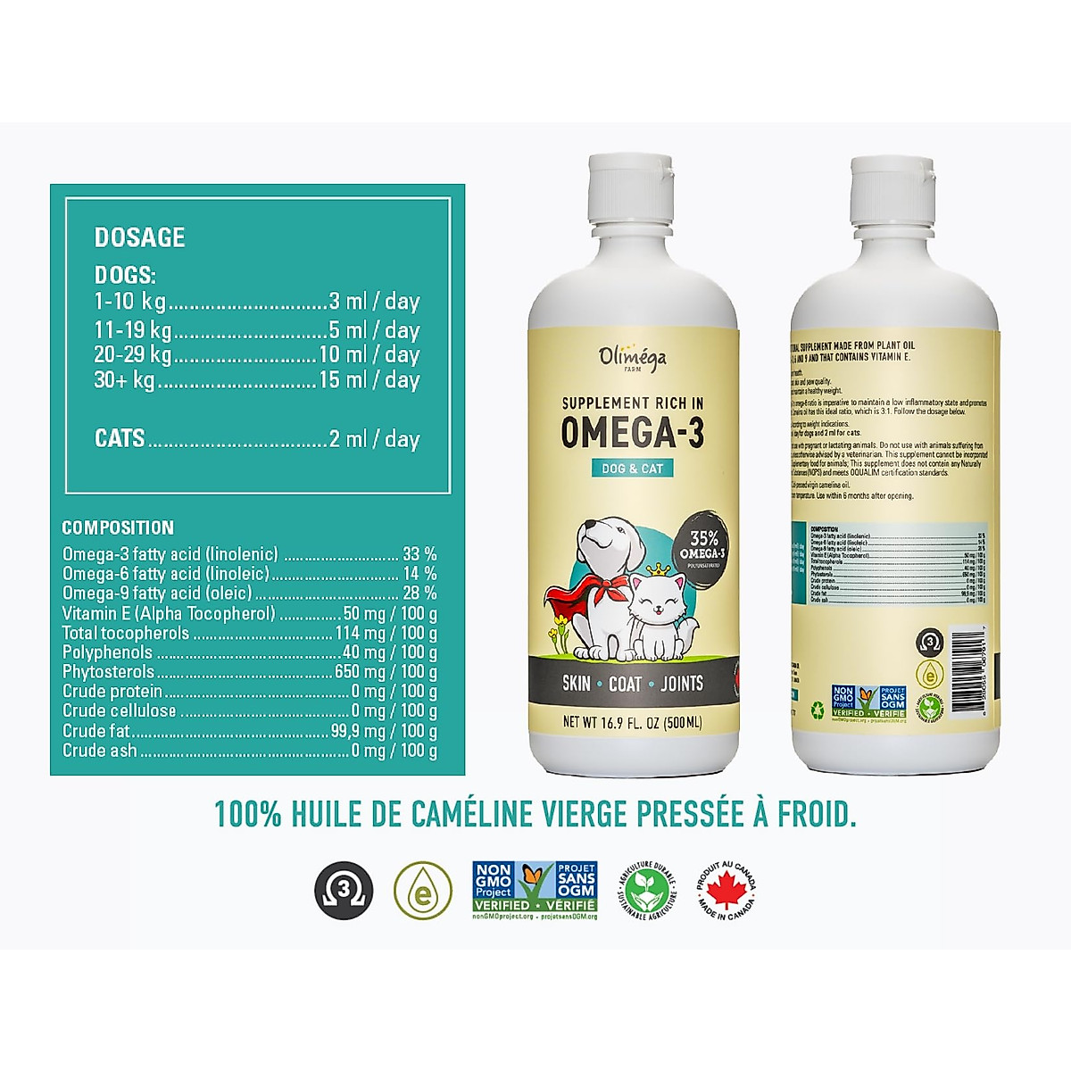 Camelina Oil for Dogs & Cats, 500mL by Olimega Farm | High in Omega-3 & Vitamin E | Support for Healthy Joints, Coat & Skin | Alternative to Salmon Oil for Dogs | Made in Canada | Non-GMO