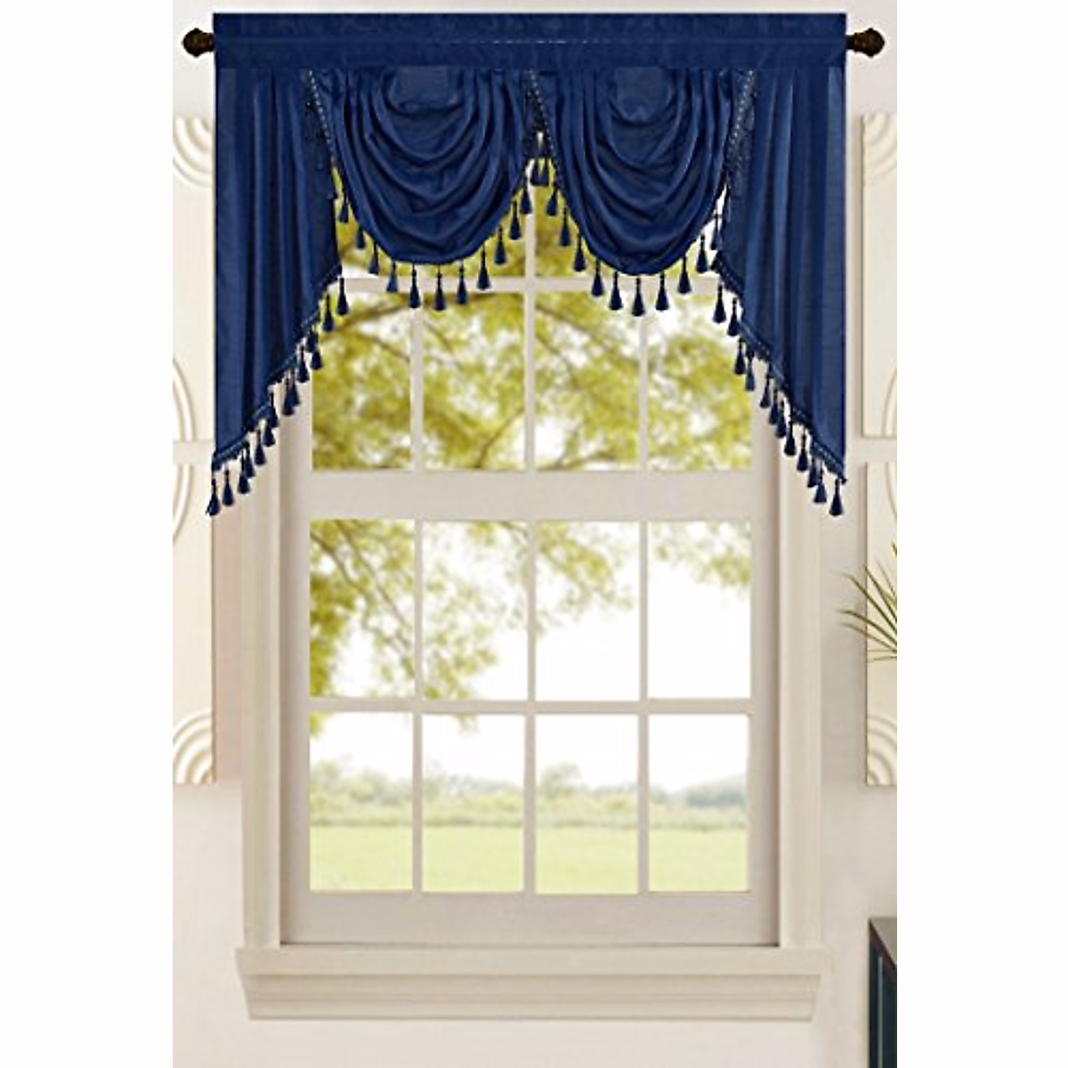 All American Collection New Attached Solid Faux Silk Double Waterfall Valance with Tails (55 inches x 32 inches, Navy Valance), full