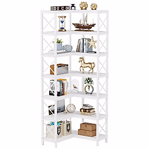 Tribesigns 7-Shelf Corner Bookshelf,Large Modern Corner Bookcase, 7-Tier Tall Corner Shelf Storage Display Rack with Metal Frame for Living Room Home Office (White)