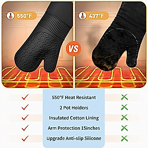 Oven Mitts and Pot Holders Kitchen: 550℉ Heat Resistant Silicone Oven Gloves with Pot Holders Set - Extra Long Quilted Oven Mitt and Large Hot Pads Set Washable Mittens for Kitchen Cooking Baking