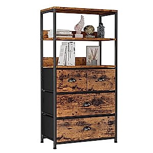 Furologee Vertical 4 Drawer Dresser Organizer with 3-Tiers Wood Shelf,Tall Fabric Storage Tower Unit, Sturdy Metal Frame Furniture,Removable Brown Fabric Bins for Bedroom,entryway,Office