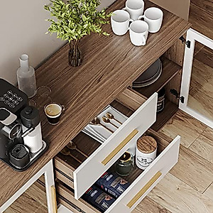 BELLEZE Sideboard Buffet Cabinet with 3 Drawers & 2 Doors, Console Table for Kitchen Glass Storage Cabinet Coffee Bar Accent Cabinet for Living Room Dining Room Hallway, White