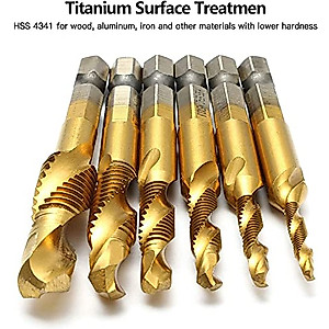 Bestgle 6 Packs Hex Shank Titanium Coated Countersink Tap Drill Bit Set, HSS Screw Thread Metric Combination Tap Drill, M3-M10