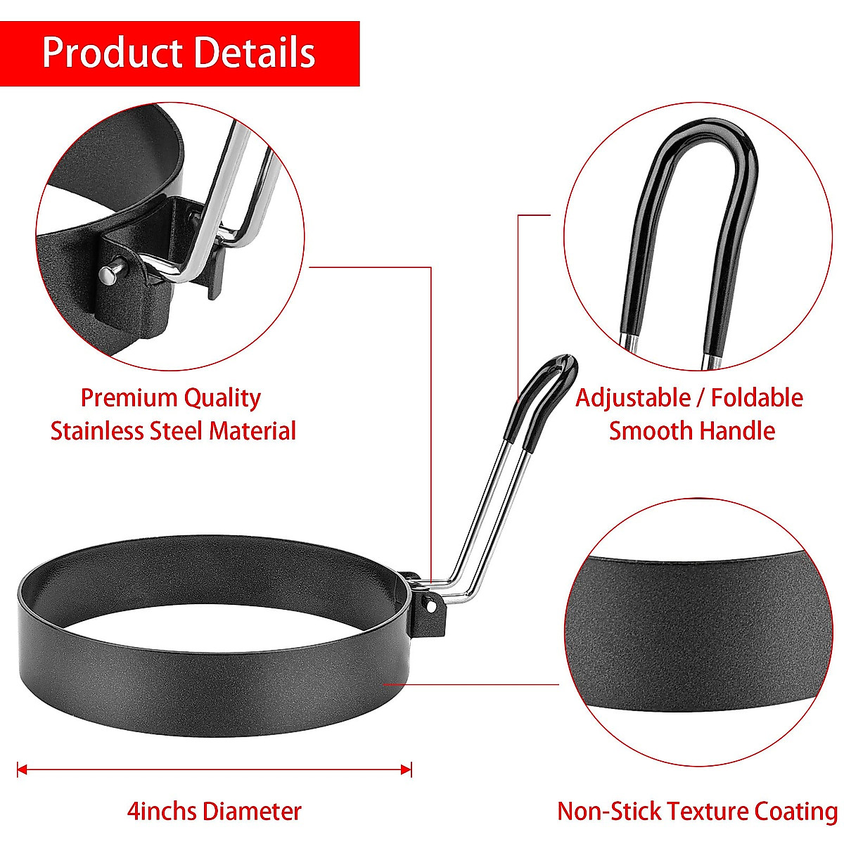 4 Pack Egg Ring, Stainless Steel Round Egg Cooking Rings Non-Stick Frying Egg Maker Molds, 4inch/10cm Egg Ring