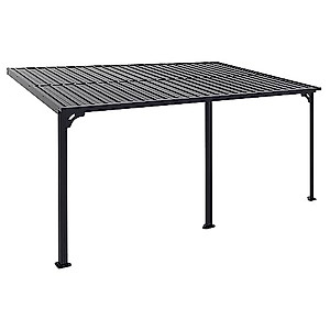 VEIKOU 14' x 10' Wall Mounted Gazebo Hardtop, Gazebos on Clearance with Aluminum Frame, Wall Pergola w/Heavy-Duty Galvanized Roof & Drain System, Black