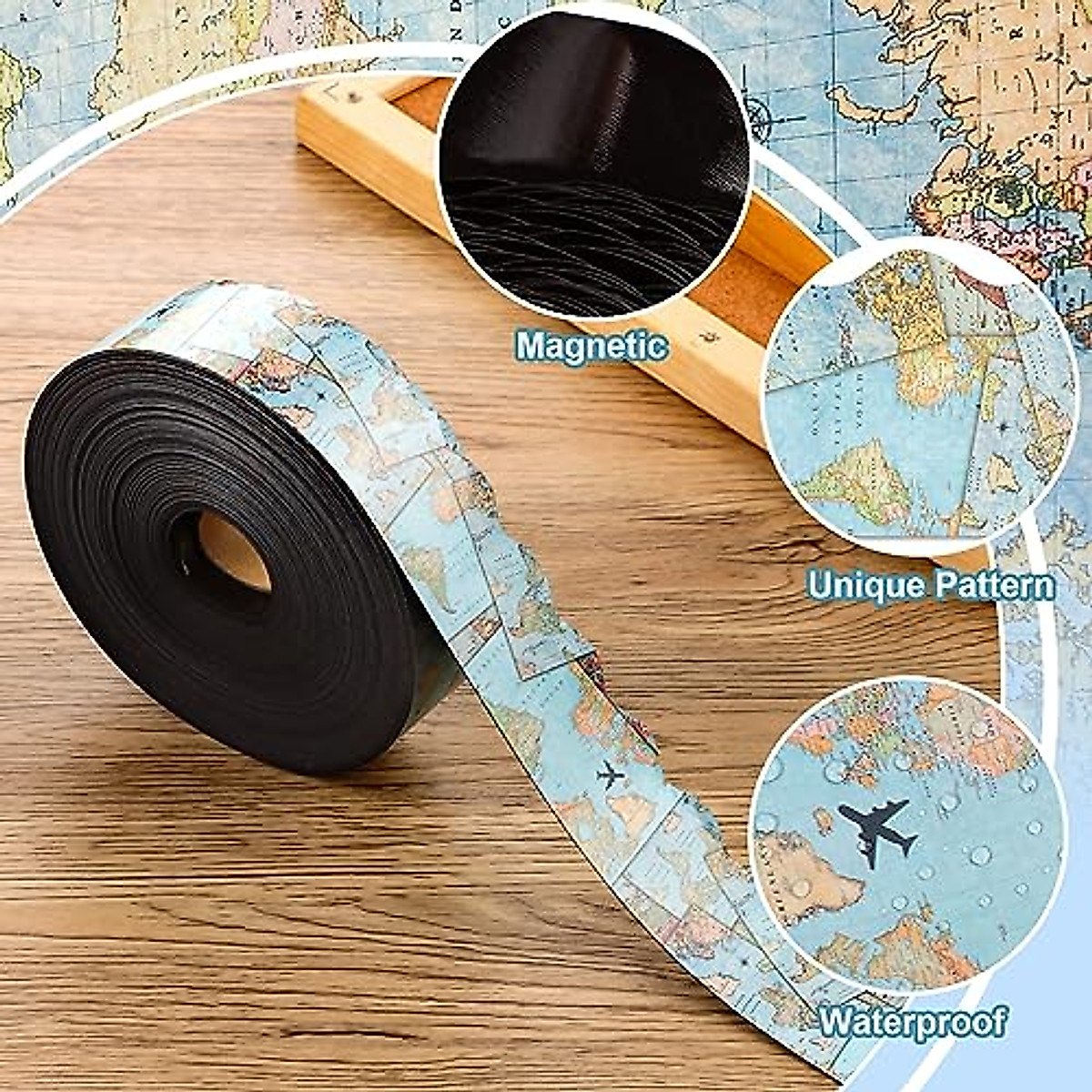 Outus 68.9 ft Magnetic Bulletin Board Border Travel the Map Roll Magnetic Border Trim Globes Map Magnetic Strips Trim for Classroom Chalkboard Wall Refrigerator Whiteboards Decor