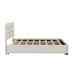 LCH Queen Size Bed with 2 Storage Drawers and a Twin Size Trundle, Upholstered Platform Queen Bed Frame with Tufted Headboard, Linen Fabric, No Box Spring Needed (Beige)
