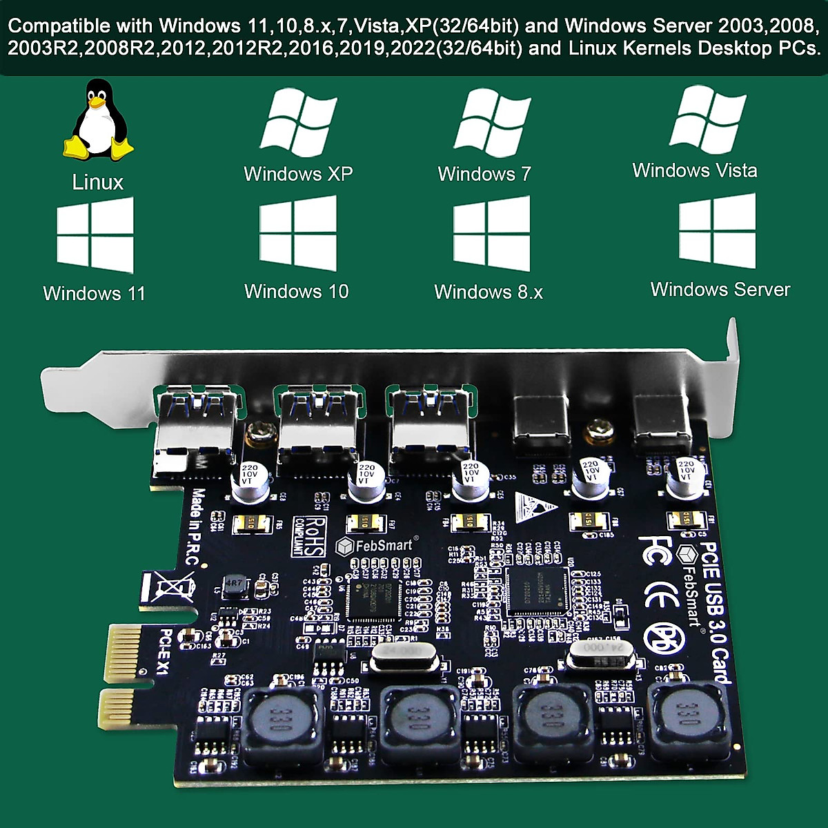 FebSmart 5-Ports Superspeed 5Gbps USB 3.0 PCIE USB Card for Windows and Linux Desktop PCs, 3X USB-A & 2X USB-C Ports, Built in Self-Powered Technology, No Need Additional Power Supply (FS-U3C2-Pro)