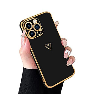 MZELQ Compatible with iPhone 14 Pro Case for Women Cute Luxury Love Heart Pattern Design Full Camera Protection Soft TPU Reinforced Corners Protective Plating Edge Phone Case 6.1 in 2022 - Black