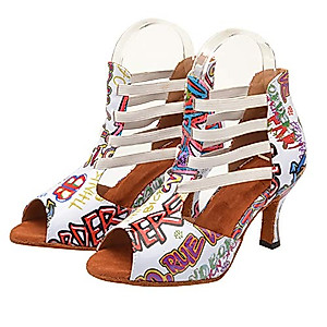 Womens Latin Salsa Dance Shoes 3 Inches Flared Heel Sexy Open Toe Ballroom Party Soft Sole Professional Indoor Dancing Sandals (White, Numeric_12)