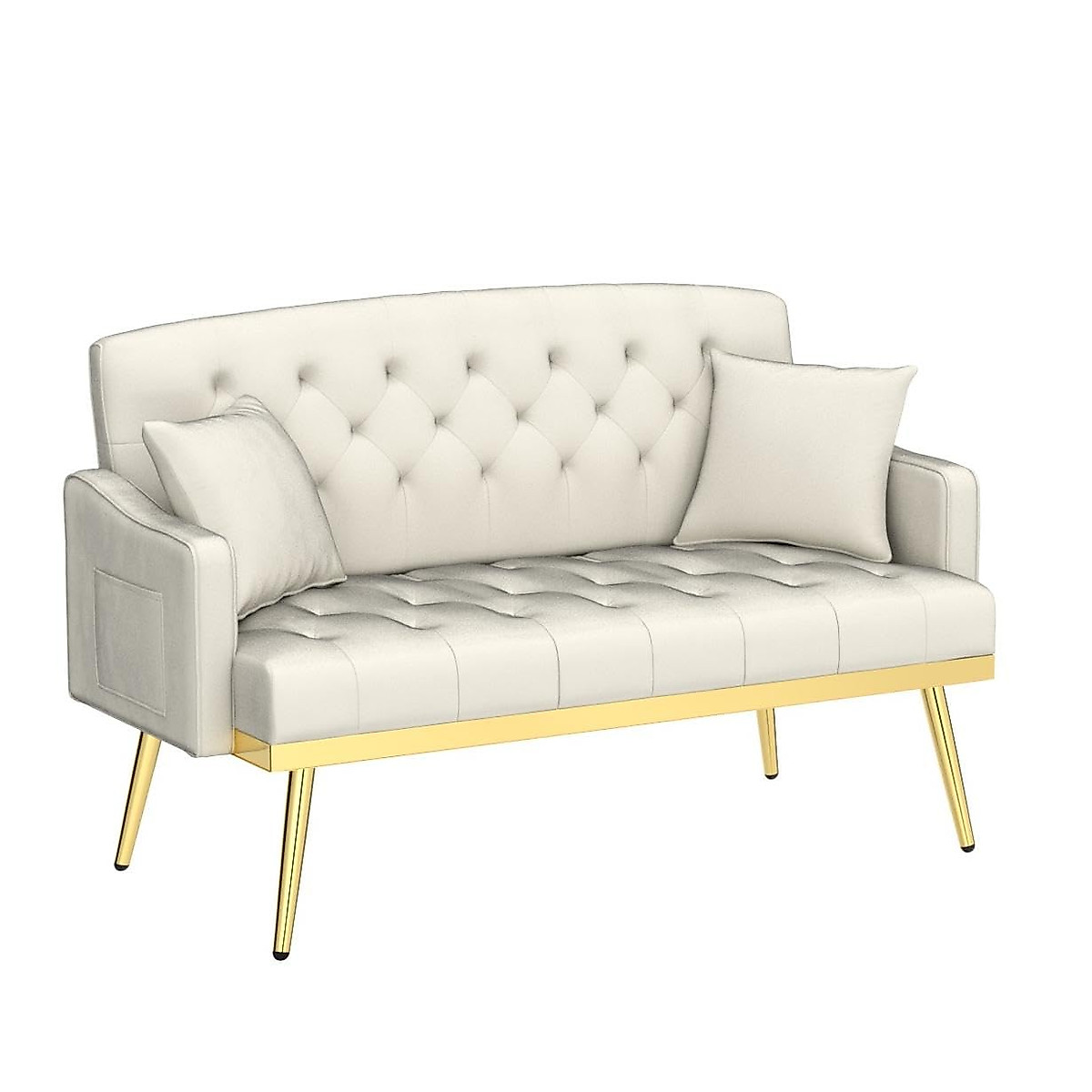 Antetek Upholstered Velvet Loveseat Sofa, Modern Small Sofa Couch with Side Pocket and Golden Metal Legs, Tufted Leisure Sofa for Living Room, Bedroom, Office, Small Space, Light Beige