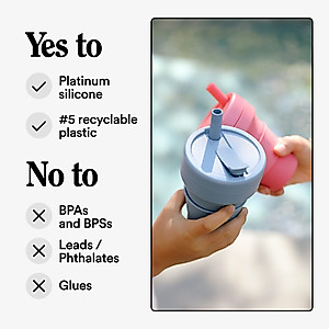 STOJO Jr Collapsible Travel Cup with Straw for Kids - Peony Pink, 8oz / 250ml - Leak-Proof Reusable To-Go Pocket Size Silicone Bottle for Hot & Cold Drinks - Camping & Hiking - Dishwasher Safe