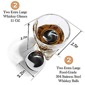 Whiskey Stones Gift Set for Men - 2 King-Sized Chilling Stainless-Steel Whiskey Balls - 2 XL Whiskey Glasses, Slate Stone Coasters, Freezer Pouch & Tongs - Luxury Set in Unique Pine Wood Box