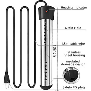 Memoryee Immersion Water Heate Portable Electric Stainless-Steel Heaters with Guard Cover Submersible Home Instant Water Heater with and for Travel Camping Hot Bathtub Mini Inflatable Pool Black