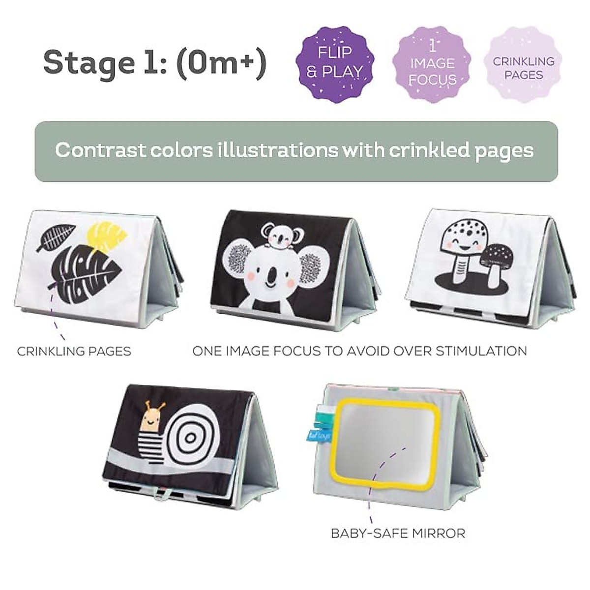 Taf Toys Koala Infant Tummy-time High Contrast Soft Crinkle Activity Book with Huge Baby Safe Mirror, 3D Activities, Textures and a Soft Baby Teether