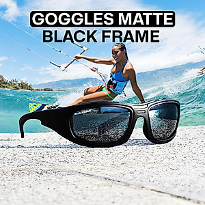 Stealth Hybrid Goggles Matte Black Frame/Smoke Sunglasses Floating Water Jet Ski Goggles Sport Designed for Kite Boarding, Surfer, Kayak, Jetskiing, other water sports.
