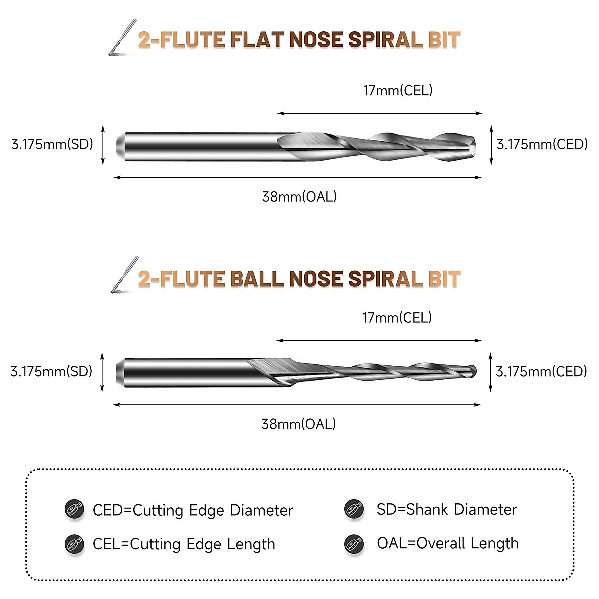 40pcs End Mills CNC Router Bits, 1/8 inch(3.175mm) Shank CNC Milling Carving Bit Set Including 2-Flute Flat & Ball Nose Spiral Bits, Nano Blue Coat & Titanium Coat End Mill, Suitable for ER 11 Collet