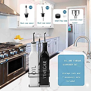 Wartter Oil and Vinegar Dispenser Set,White Olive Oil Dispenser Bottle and Black Vinegar Bottle with Stainless Steel Pouring Spout,Farmhouse Glass Set for Farmhouse Kitchen- 17 OZ