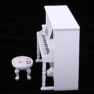 Dollhouse Grand Piano Model with Stool 1:12 Scale Miniature Musical Instrument Desk Ornaments Gift Wooden Elegant Mini House Decoration Artificial House Furniture Accessories (White)