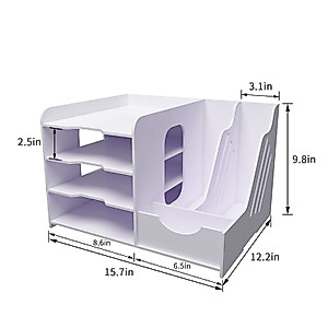 Natwind 4-Tier Office White Desktop Organizer Paper File Rack with Vertical Horizontal File Holder All in One Supplies Storage Box Mail Sorter on Desk Tabletop Binder Folder Letter Trays Study Home