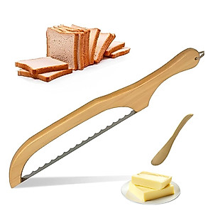Bread Bow Knife with Wooden Handle, Serrated Blade Bread Slicer for Homemade Bread, 304 Stainless Steel Sourdough Bread Knife, Sourdough Bread Baking Supplies with Butter Spreader, 15 Inch