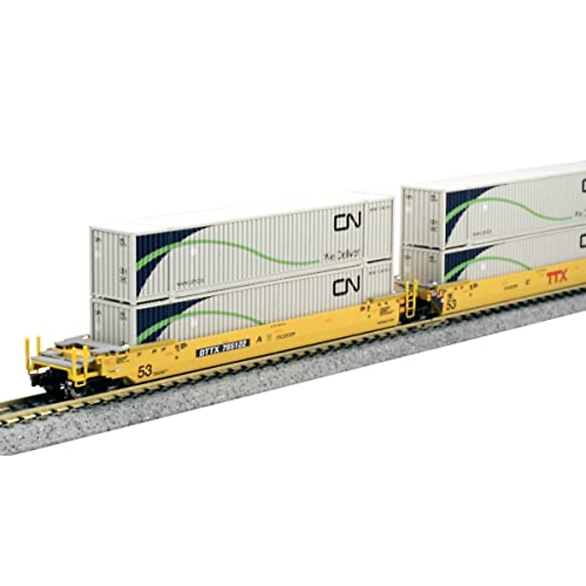 Kato USA Model Train Products N Gunderson Maxi-IV 3-Unit Set TTX New Logo #765122 w/CN We Deliver 53' Containers, Ttx Yellow