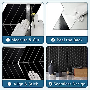 SUNWINGS Chevron Backsplash Tile for Kitchen Peel and Stick, Arrow Stone Composite Self Adhesive Tiles Mosaic Wall Tile for Kitchen 10 Sheets Black