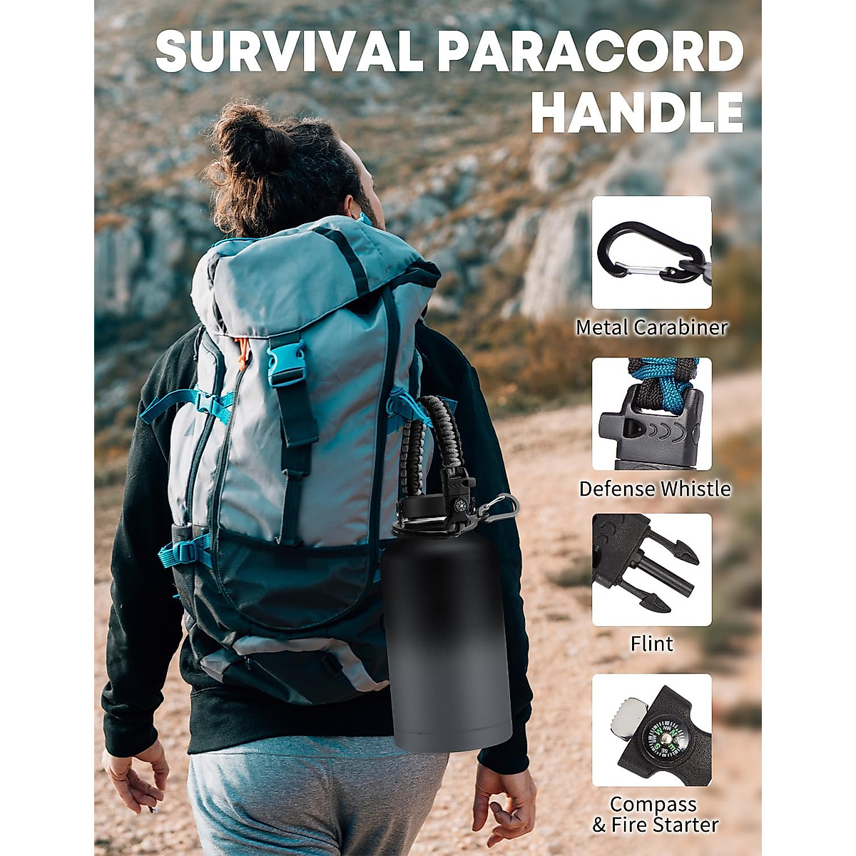 Half Gallon Insulated Water Bottle - Combo Carrier Bag with Strap, Paracord Handle, Straw & Flex Cap, Silicon Bottle Boot, Large Water Bottles 64 oz, Sweat Proof Metal Vacuum Flasks 1/2 Gallon Jug