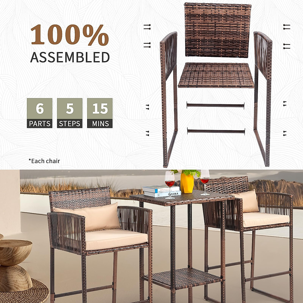 Outvita 3-Piece Outdoor Bar Height Chairs, Rattan High Top Patio Table and Chairs Front Porch Wicker Weaving Furniture Set for Deck Backyard Garden Poolside, Brown