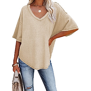 Dokotoo Womens Summer Casual Ladies V Neck Short Sleeve Shirts Waffle Knit Henley Tunic Tops Loose Fit Flowy Blouses Office Fashion 2025 Summer Apricot L