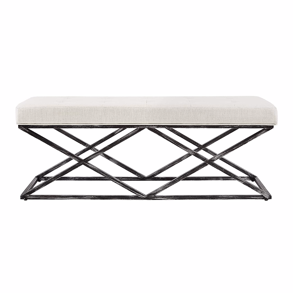 24KF Upholstered Tufted Long Bed Bench with Metal Frame Base, Linen Fabric Entryway Bench and Dining Bench- Ivory