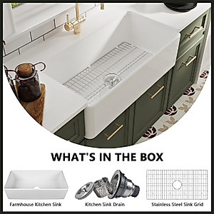 DeerValley Farmhouse Sink, DV-1K505 Grove 36"L x 18"W Fireclay Farmhouse Sink White Apron Front Deep Single Bowl Kitchen Sink with Sink Grid and Basket Strainer