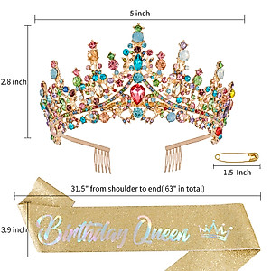 Chanaco Birthday Tiara Birthday Sash for Women Birthday Queen Sash Birthday Crowns for Women Gold Tiaras Happy Birthday Decorations Princess Rhinestone Headband Birthday Party Suppliers Gifts