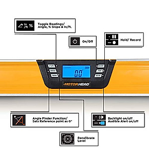 MOTORHEAD 48-Inch 0°-360° SMART DIGITAL Level, LCD Screen, Audible Alerts, Water, Dust & Shock Resistant, Magnetic Bottom, Includes Bag, High-Visibility, Solid-Milled Aluminum, USA-Based Support