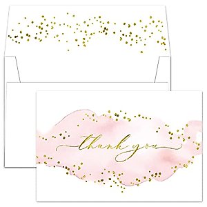 Gooji 4x6 Gold Foil Watercolor Pink Thank You Cards (Bulk 20-Pack) Matching Peel-and-Seal White Envelopes, Baby Shower, Bridal Shower, Wedding, Engagement, Graduation, Blank Notes