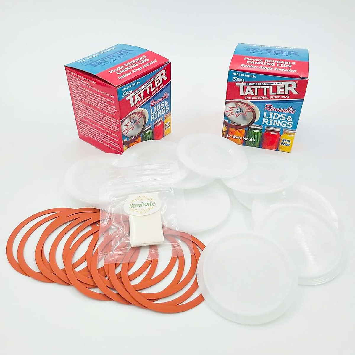 Reusable Canning Lids Bundle Includes 24 Wide Mouth Tattler Lids and Rings and 24 Dissolvable Sunivale Jar Labels For Use With Hot Water Bath, Vacuum Sealer and Pressure Canning Methods Made in USA