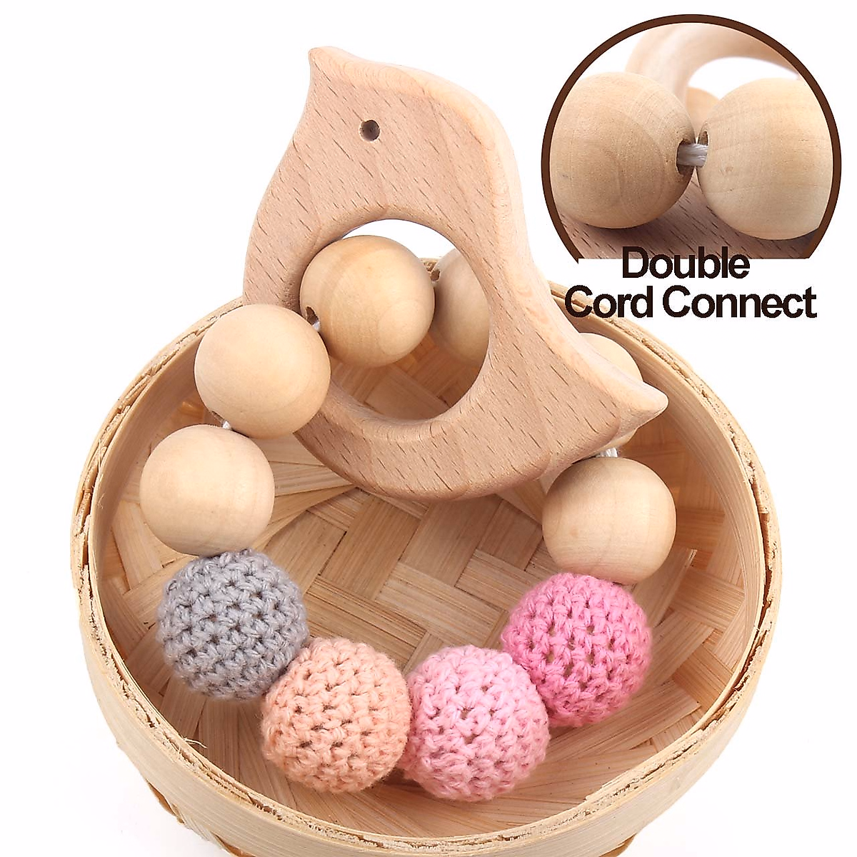 Beech Wooden Teethers 4 Packs, Natural Baby Teething Toys Wood DIY Soothing Charms, Chewable Toy Toddler Gift Jewelry, Cloud Cat Star Bird