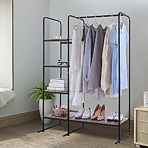 Metal Garment Rack, Free Standing Closet Storage Organizer w/ 5 Shelves & Hanging Bar, Open Wardrobe Rack for Hanging Clothes and Storage, Clothes Rack for Bedroom Living Room Entryway,Black/Dark Brown(Model:2103)