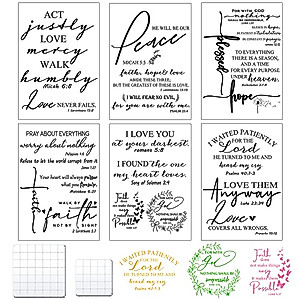 8 Pcs Christian Bible Verse Clear Rubber Stamps for Crafting, 6 Sheets Christian Bible Verse Clear Rubber Stamp and 2 Pcs Acrylic Stamp Blocks with Grid Line for DIY Journaling Card Making