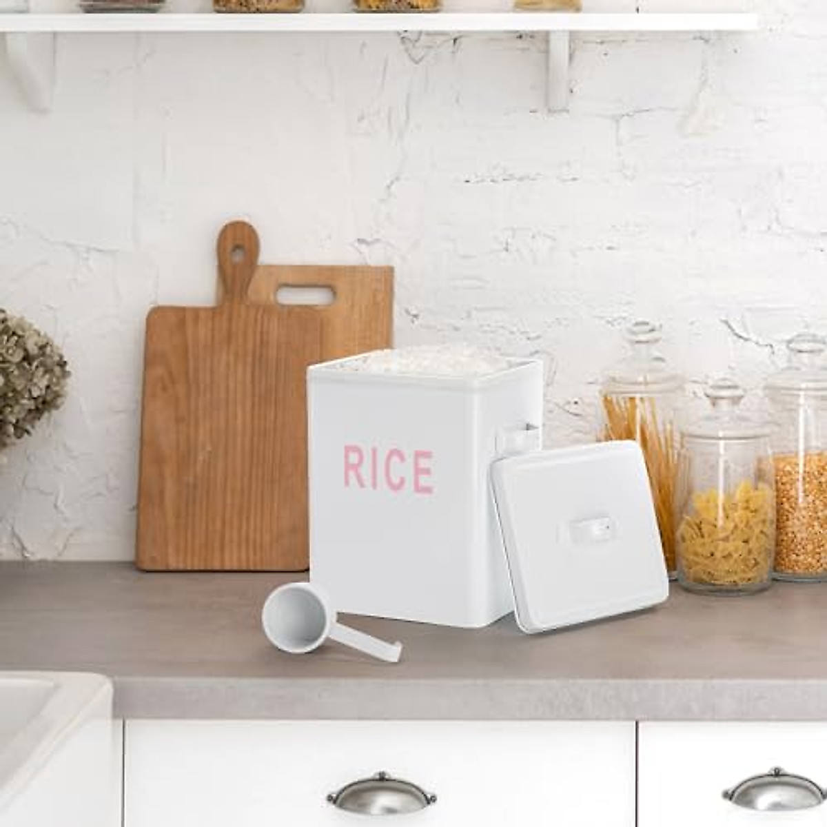 Youeon 10 Lbs Metal Rice Storage Container, Square Rice Canister with Lid and Measuring Scoop, Countertop Sealed Food Storage Container for Cereal, Beans, Pet Food, White