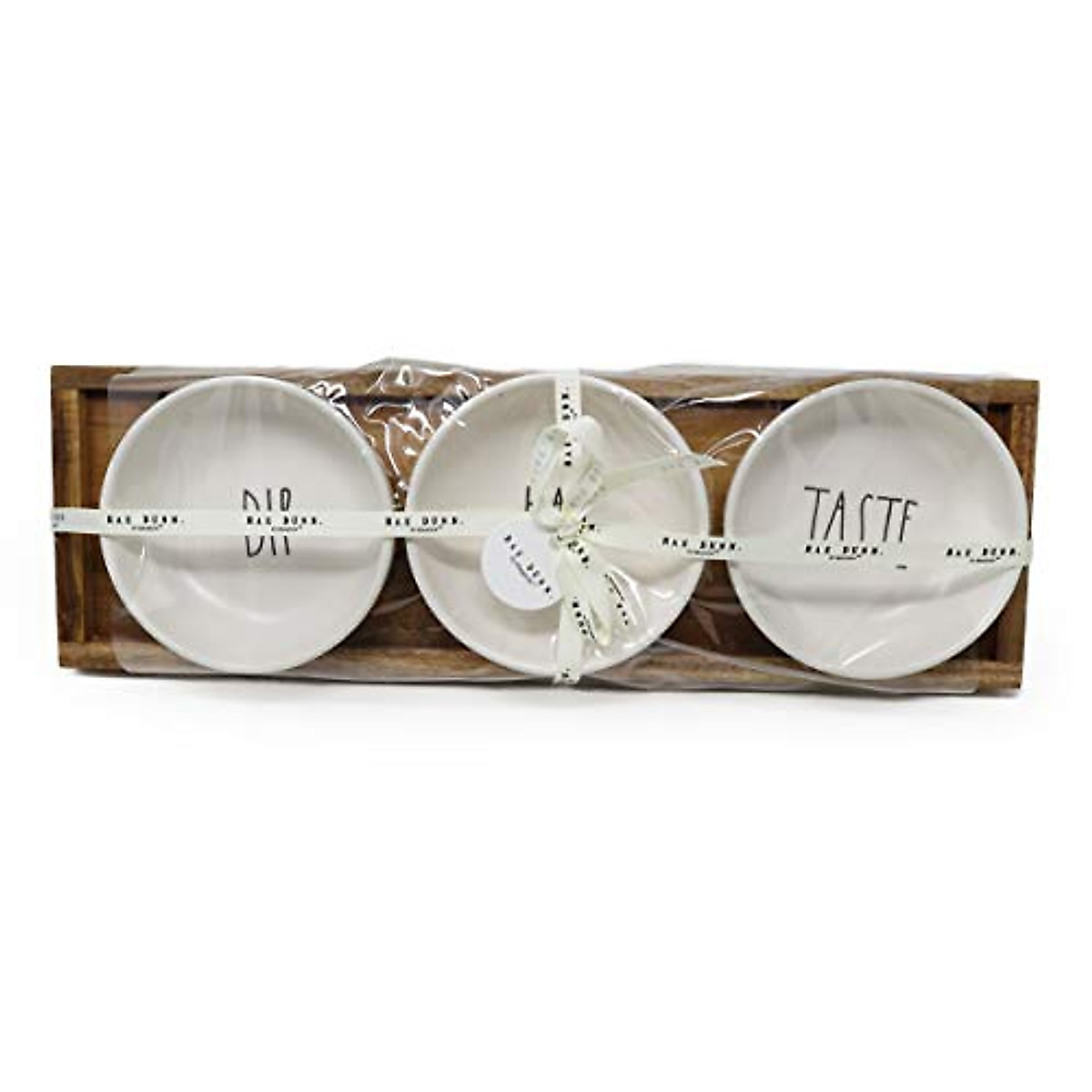 Rae Dunn By Magenta 4 Piece DIP EAT TASTE Ceramic LL Dip Bowl Serving Platter Set With Wood Tray 2019 Limited Edition