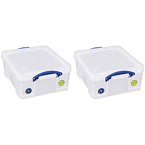 Really Useful Box 18 Liter Plastic Stackable Storage Container w/Snap Lid & Built-In Clip Lock Handles for Home or Office Organization, 2 Pack, Clear