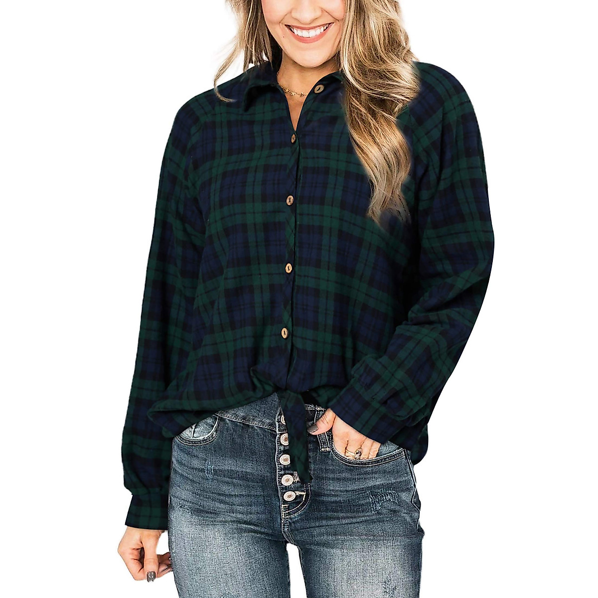 Remidoo Women's Long Sleeve Tie Knot Collared Button Down Plaid Flannel Shirt Green Small